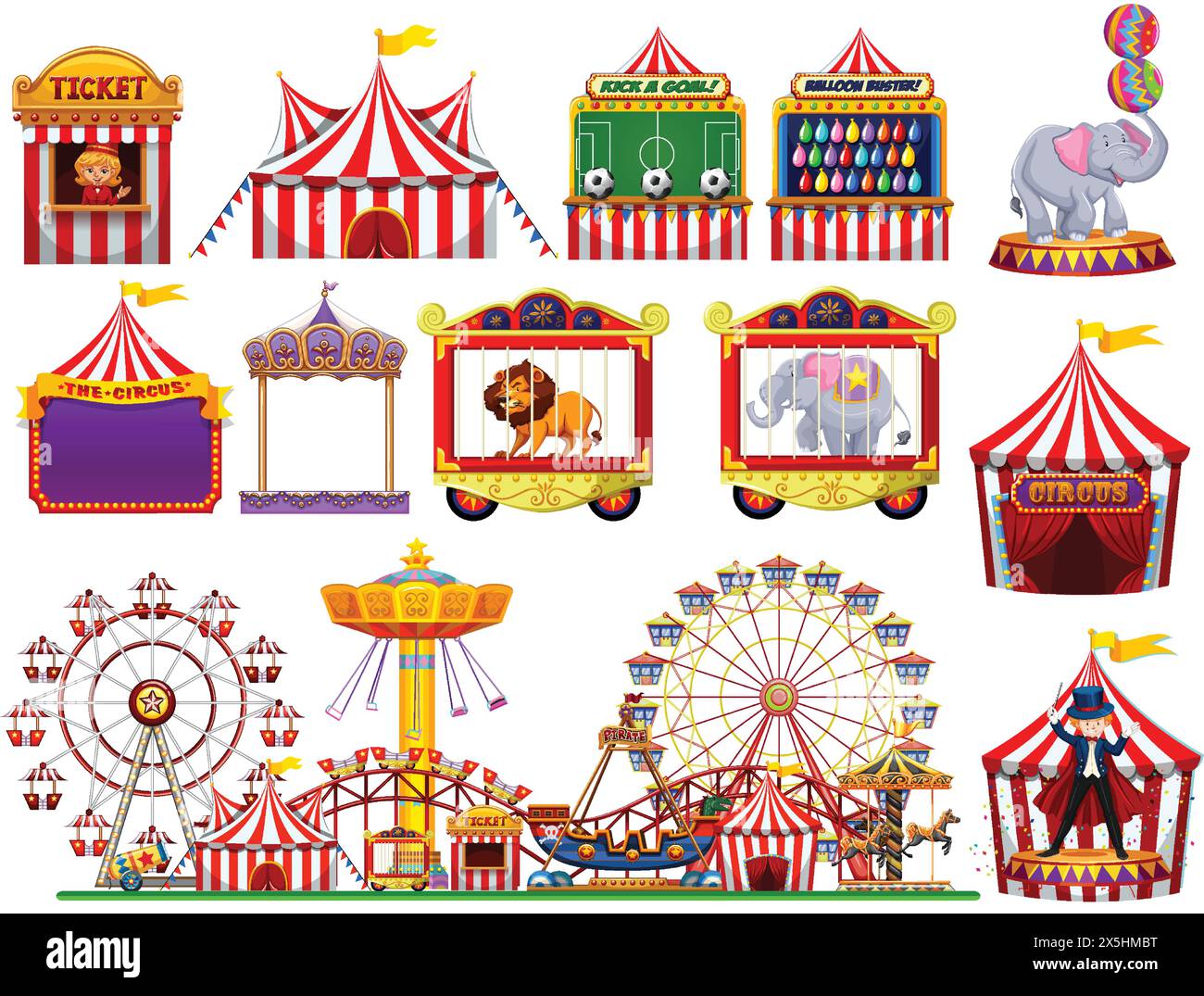 Vibrant circus scene with tents, animals, and games Stock Vector Image ...