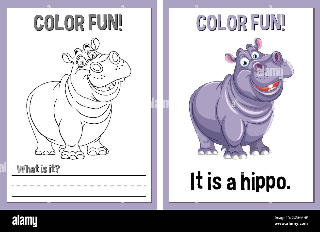 Educational coloring activity with a happy hippo Stock Vector Image ...