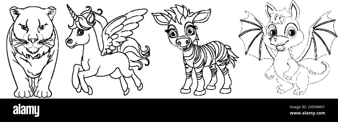 Line art of a tiger, unicorn, zebra, and dragon Stock Vector Image ...