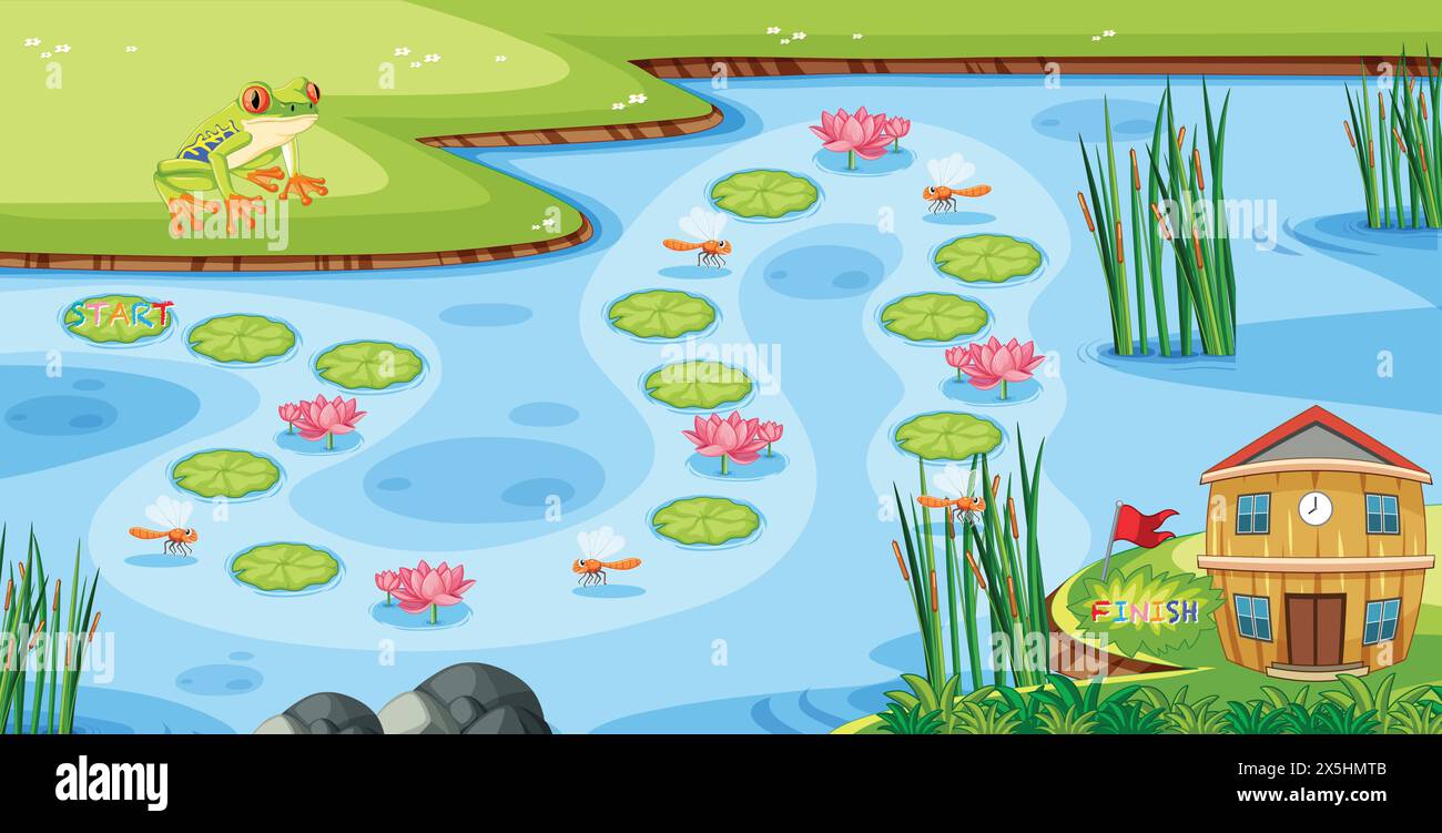 Colorful illustration of frog hopping on lily pads Stock Vector Image ...