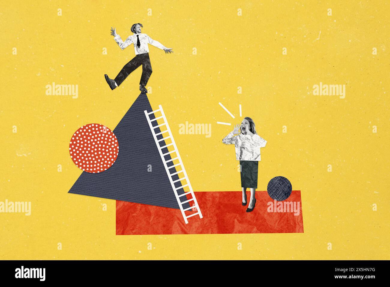 Composite photo collage of angry bossy girl scream lazy guy climb ...