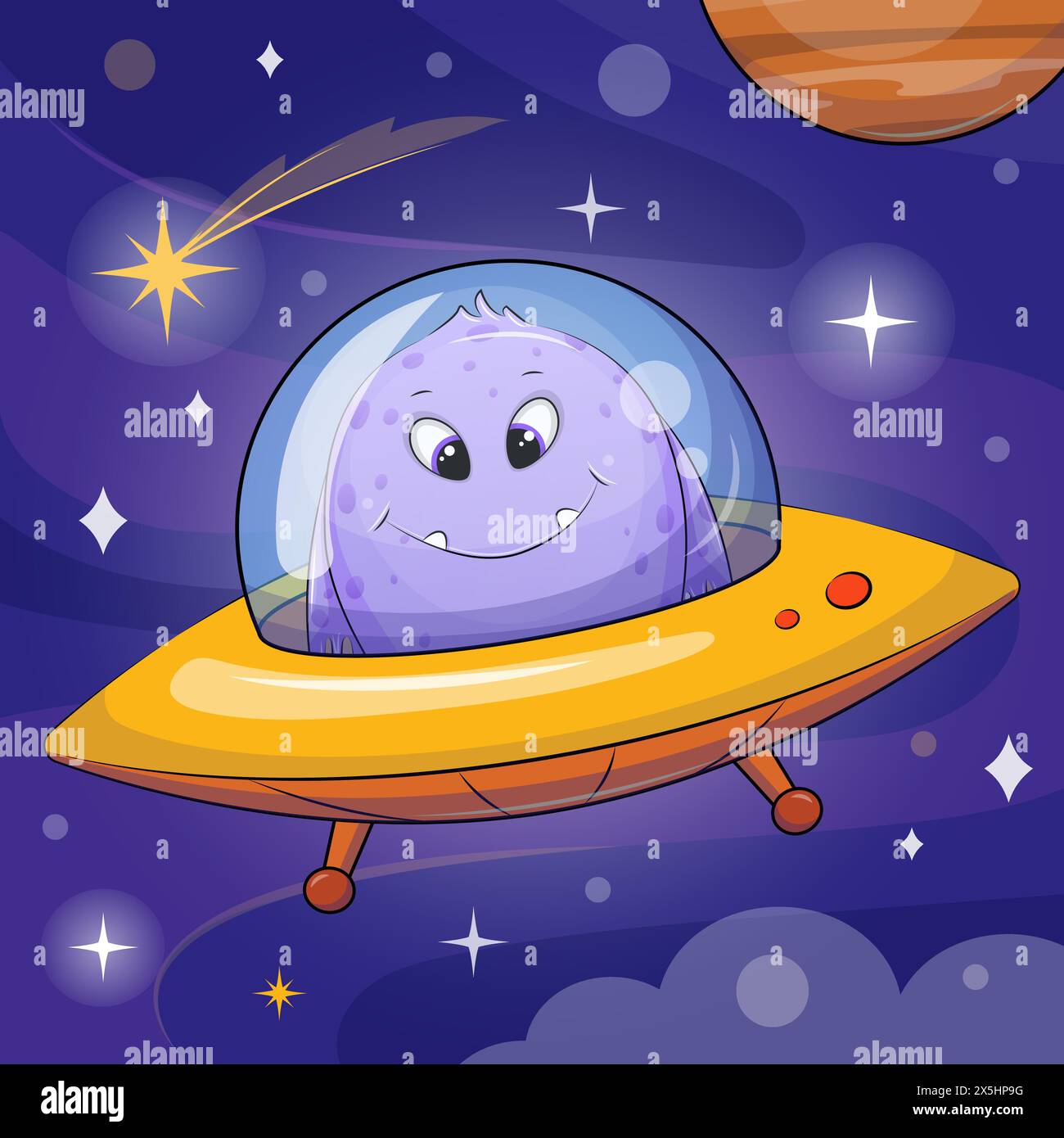 Cute cartoon alien in a spaceship. Vector illustration of monster in ...