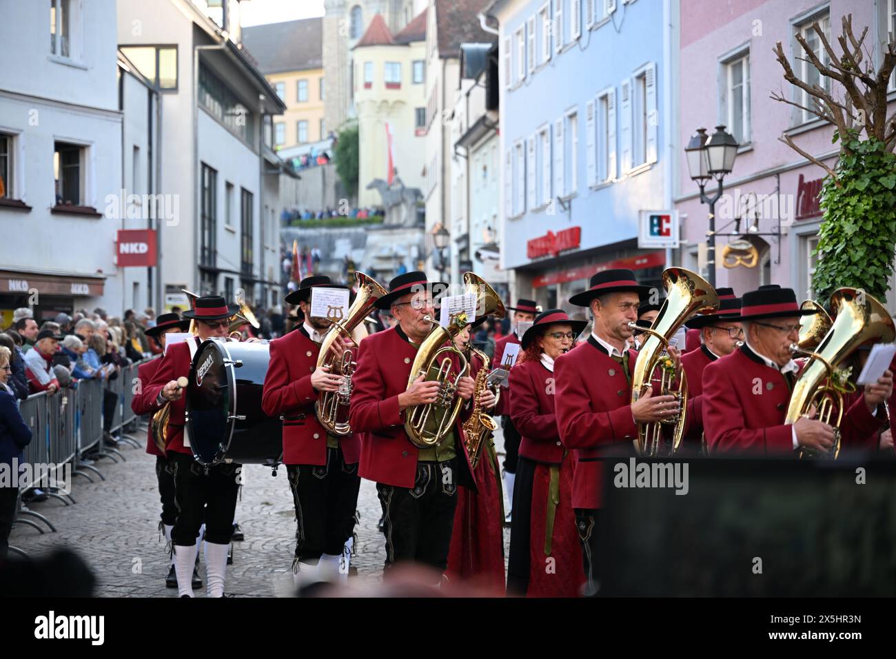 Weingarten, Germany. 10th May, 2024. Brass bands accompany the ...