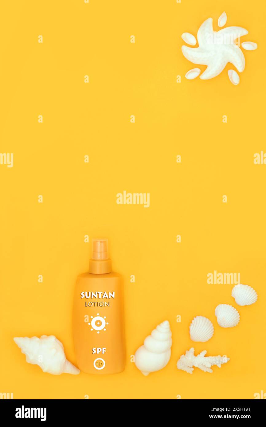 Factor fifty suntan lotion bottle for natural skincare with seashell ...
