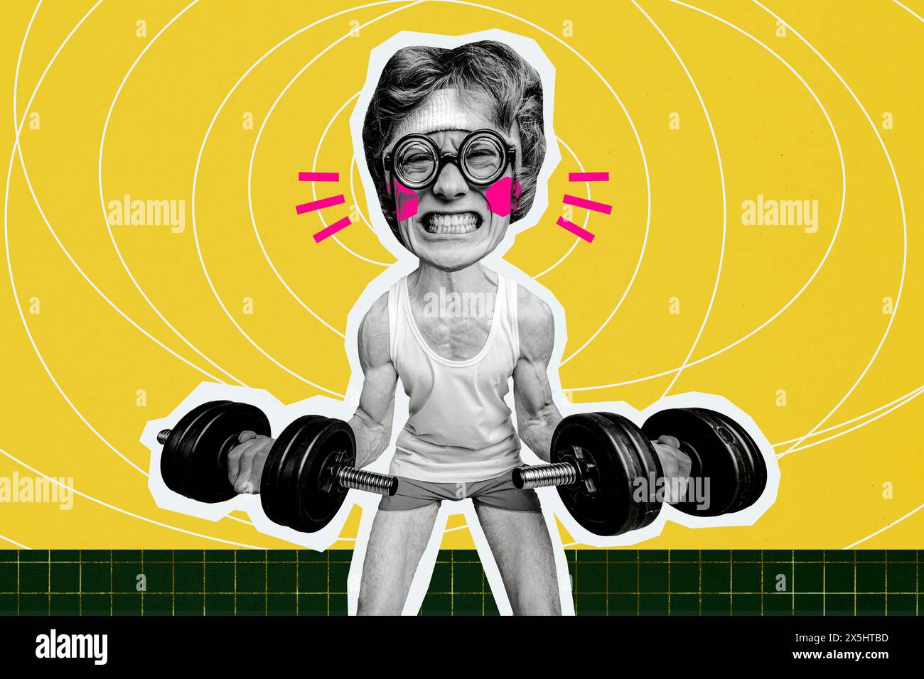 Composite photo collage of serious young sportsman pump biceps hold ...