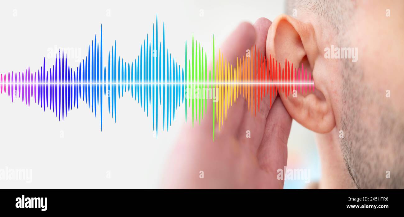young man ear closeup listening, sound wave, acoustics Auditory System ...