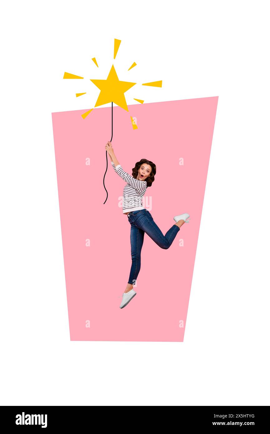 Vertical creative collage picture young happy amazed girl star planet ...