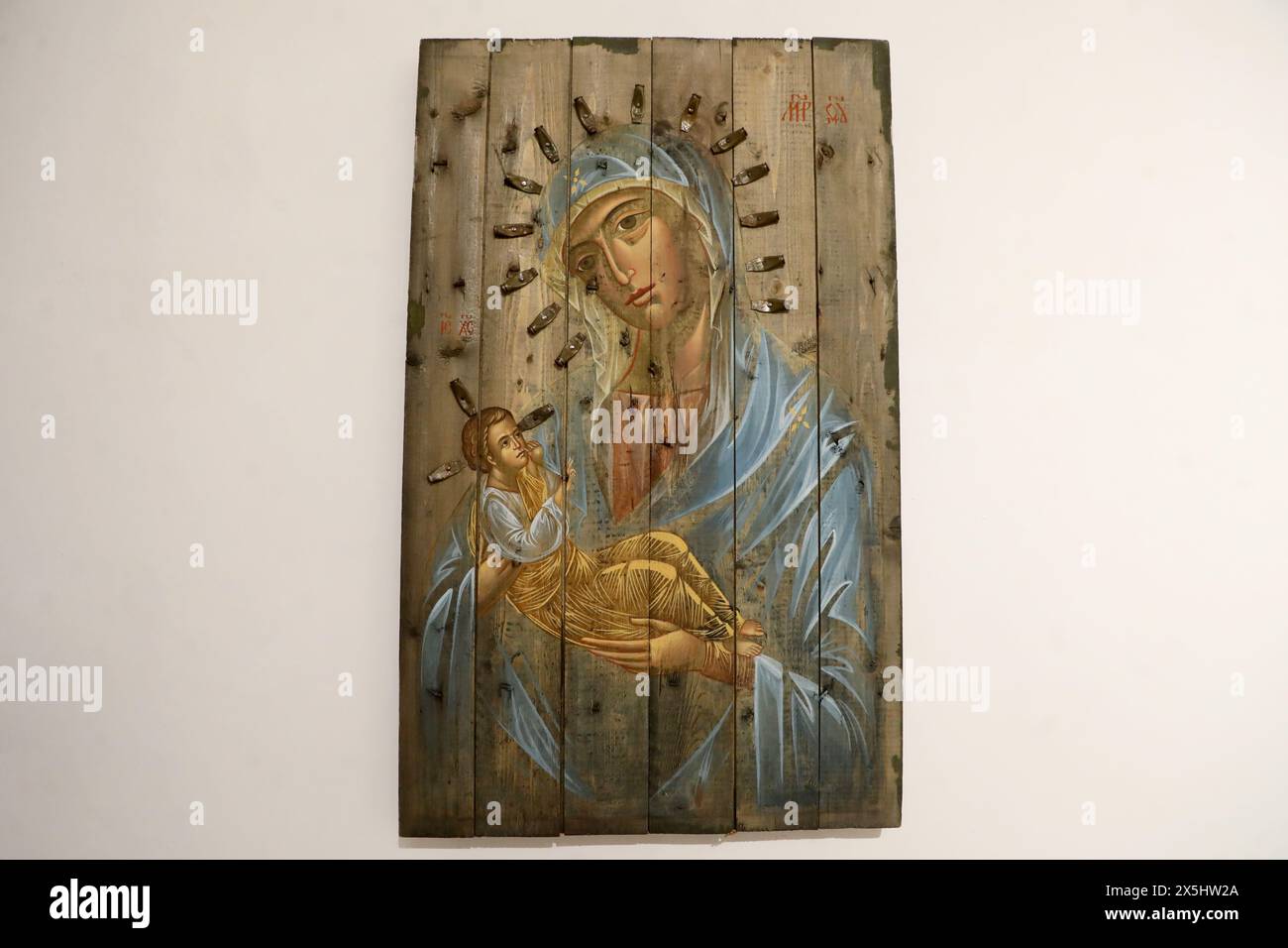 KYIV, UKRAINE - MAY 9, 2024 - An artwork featuring the Blessed Virgin ...