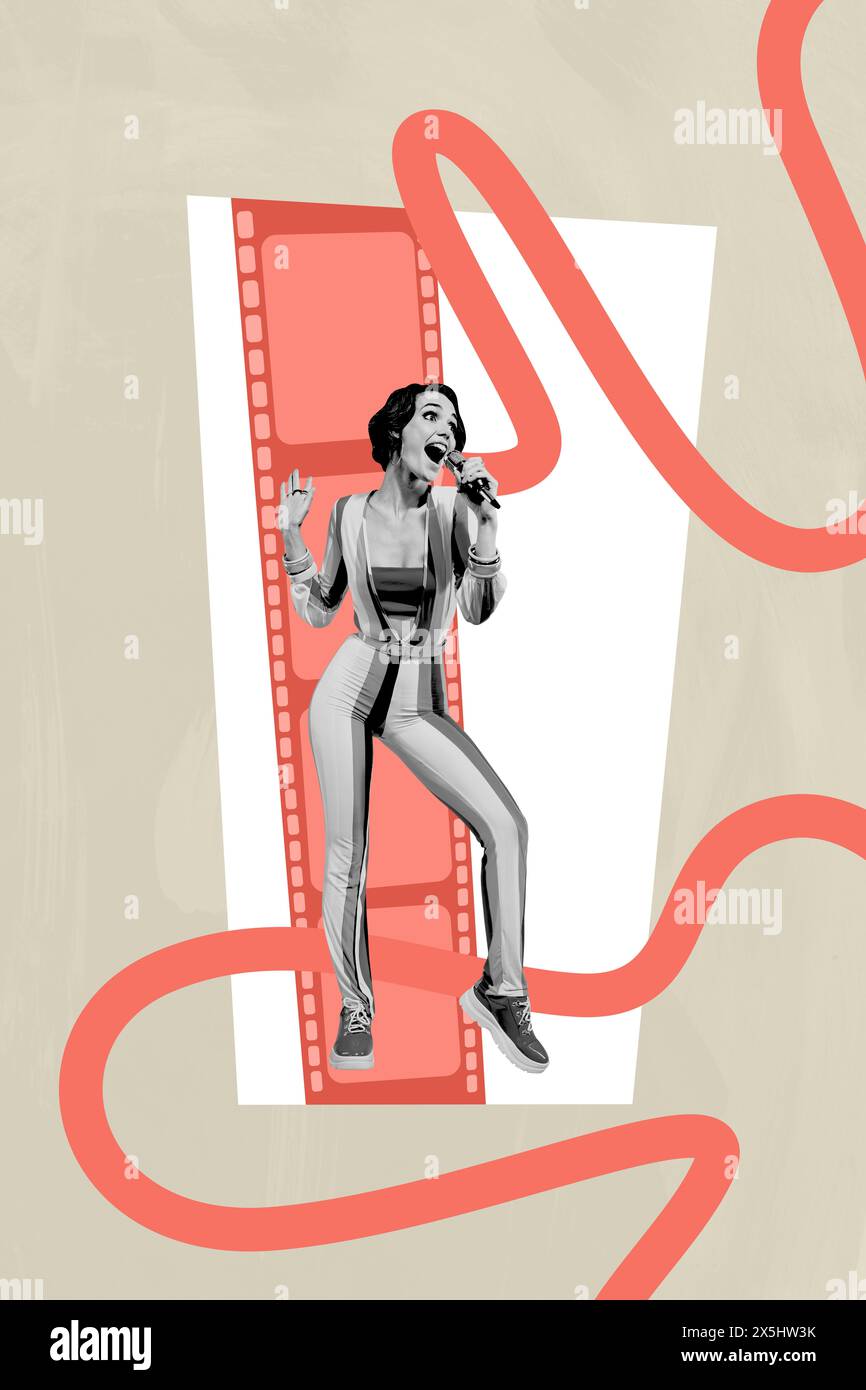 Vertical creative collage picture young singer woman performance ...