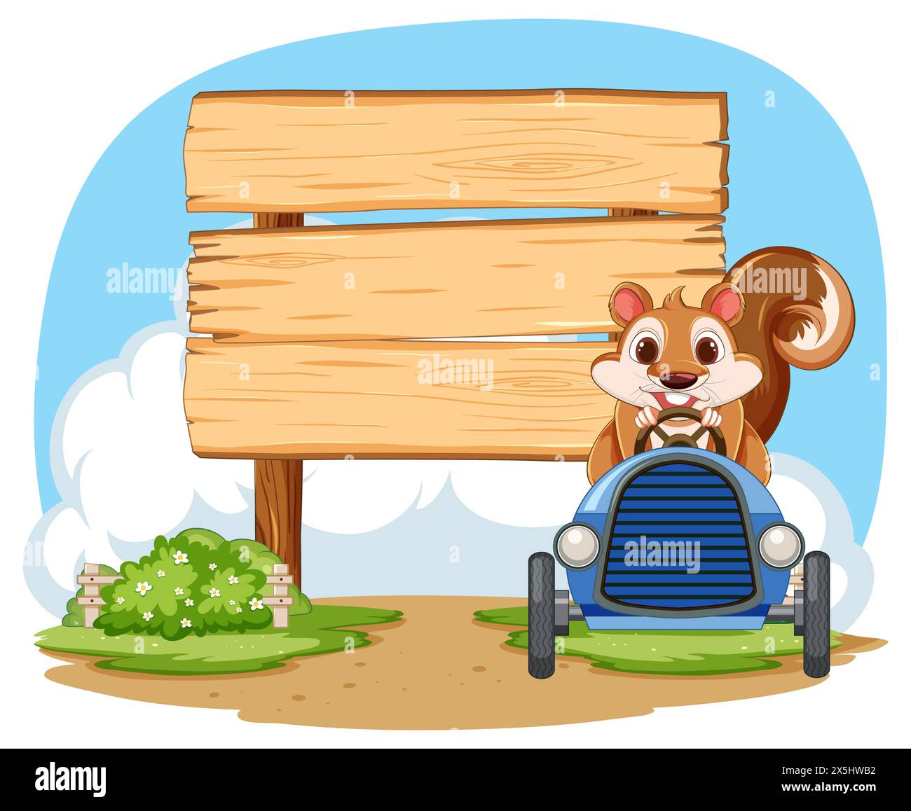 Cartoon squirrel driving a blue car near a sign Stock Photo - Alamy