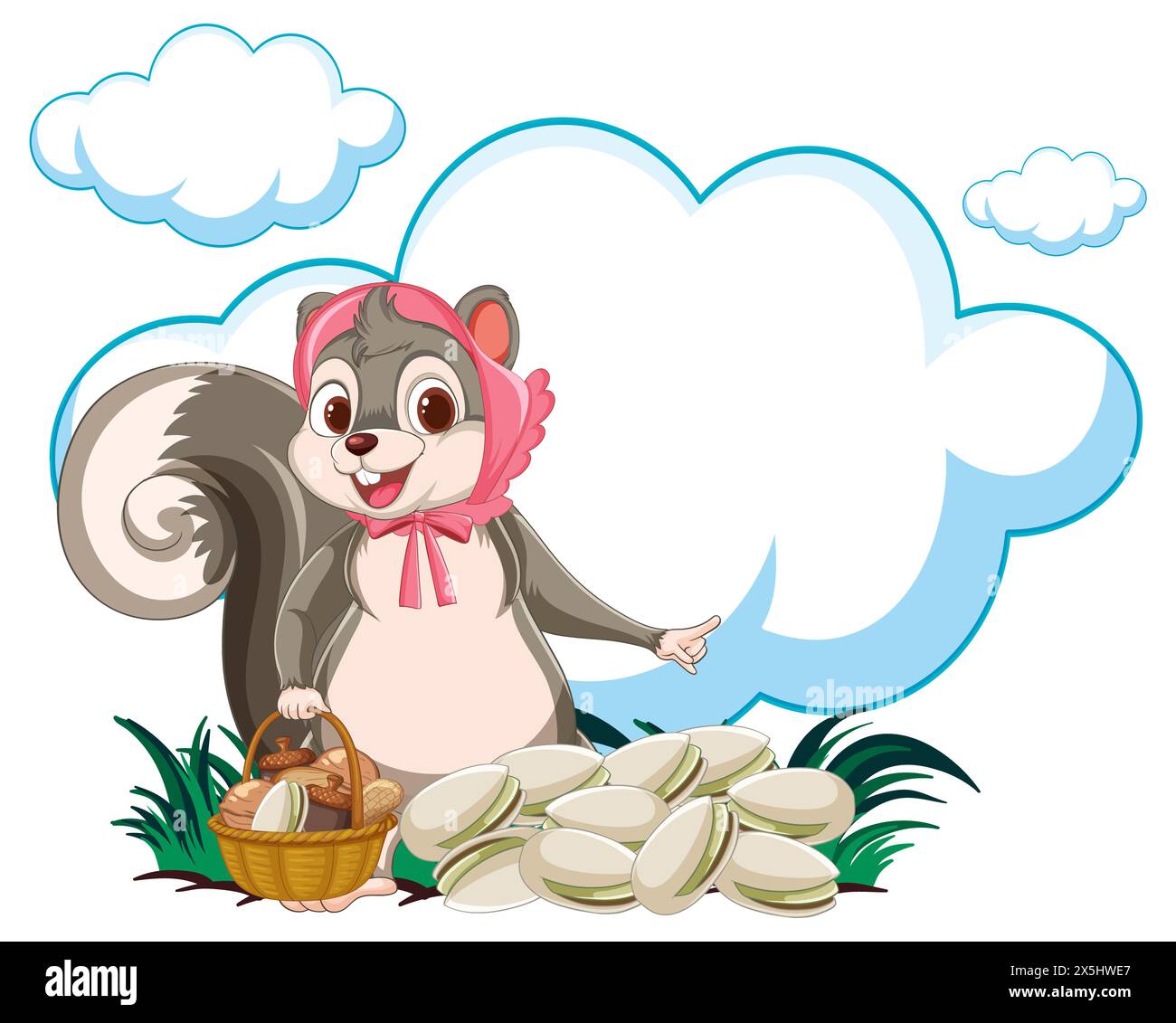 Cartoon squirrel presenting pistachios under a cloud Stock Photo - Alamy