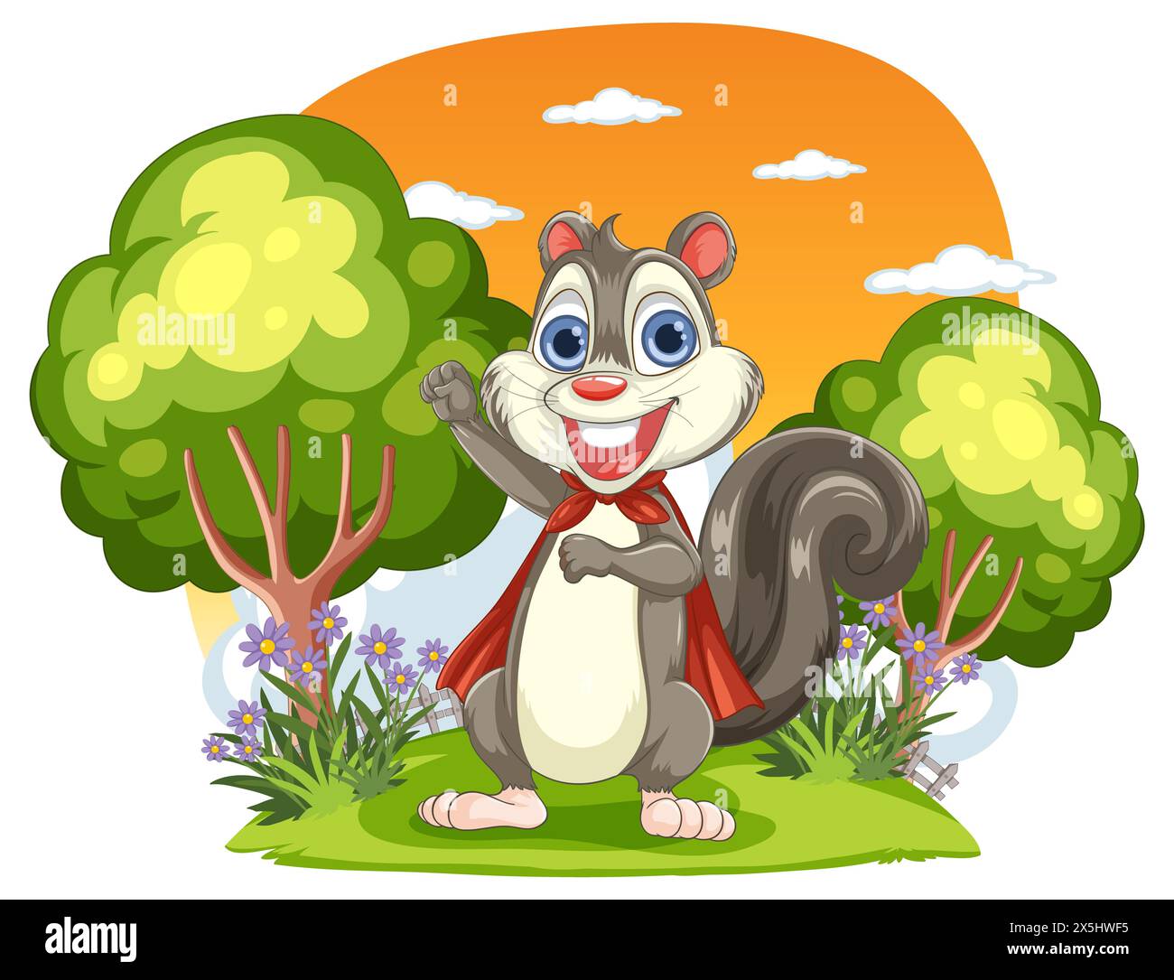 Cartoon squirrel smiling in a colorful forest setting Stock Photo - Alamy