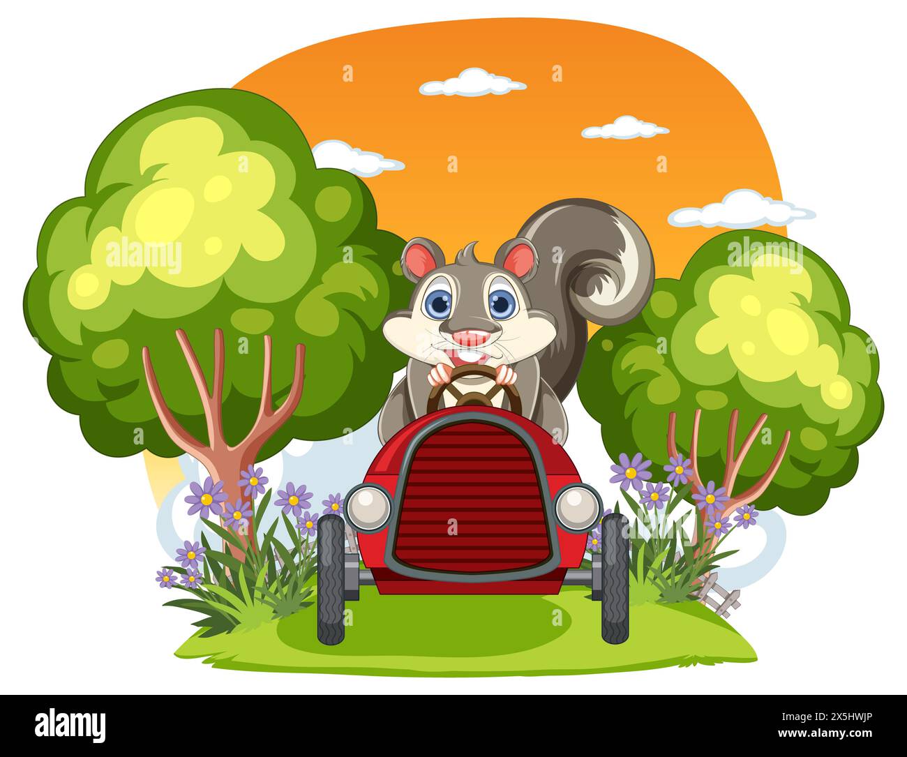 Cheerful squirrel driving a red car outdoors Stock Photo - Alamy