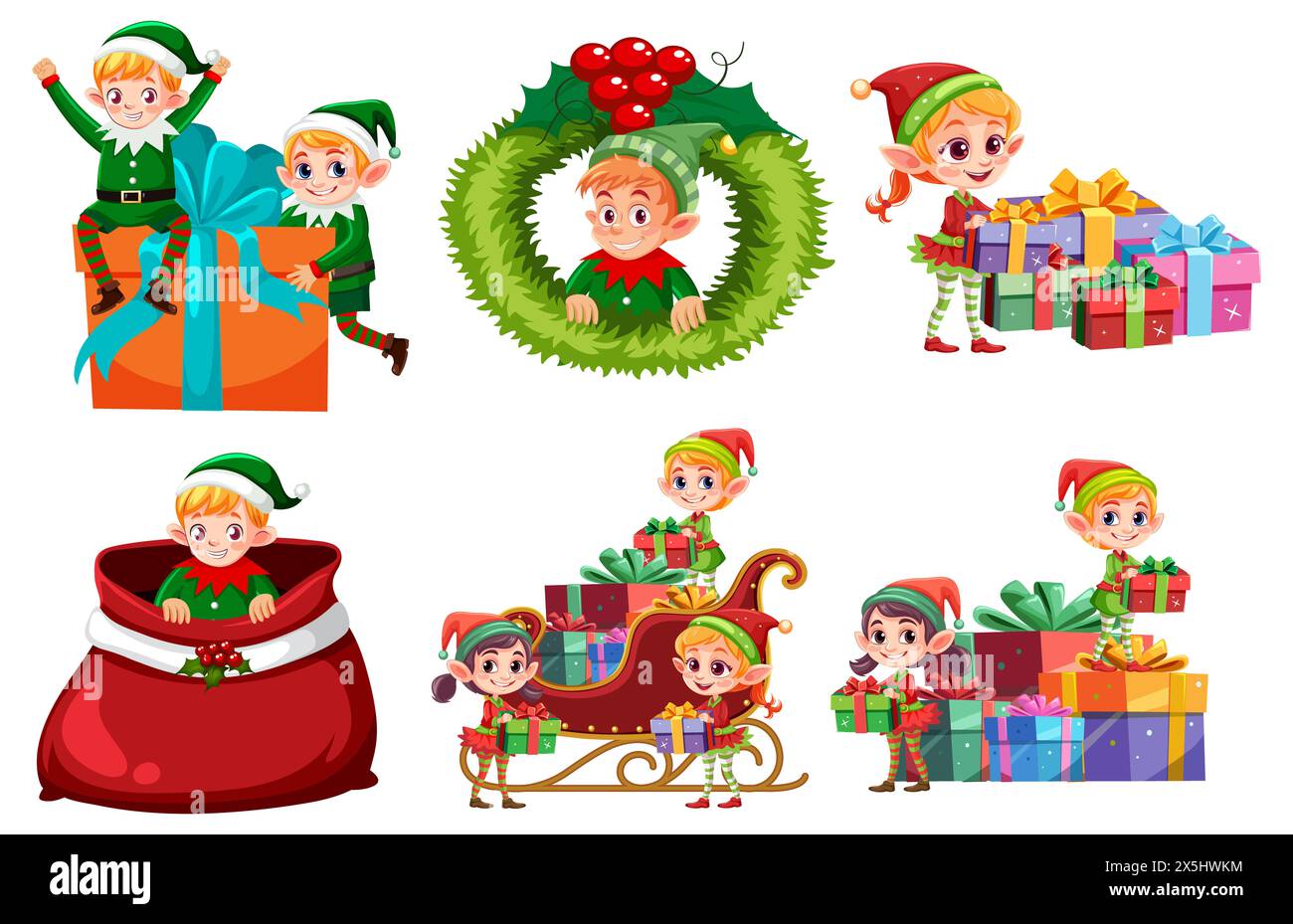 Colorful illustrations of elves with Christmas gifts and decorations ...
