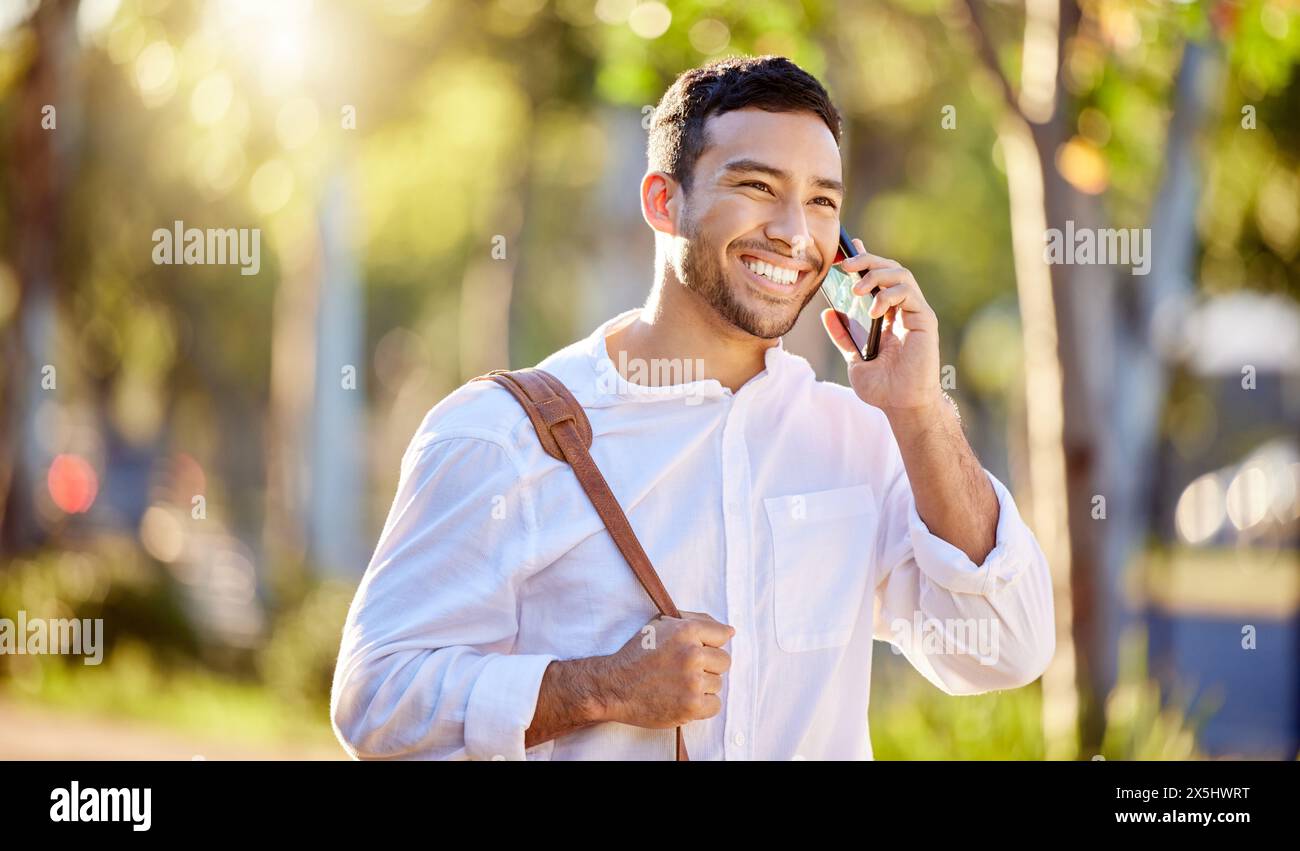Businessman, phone call and outdoor with happiness and communication ...