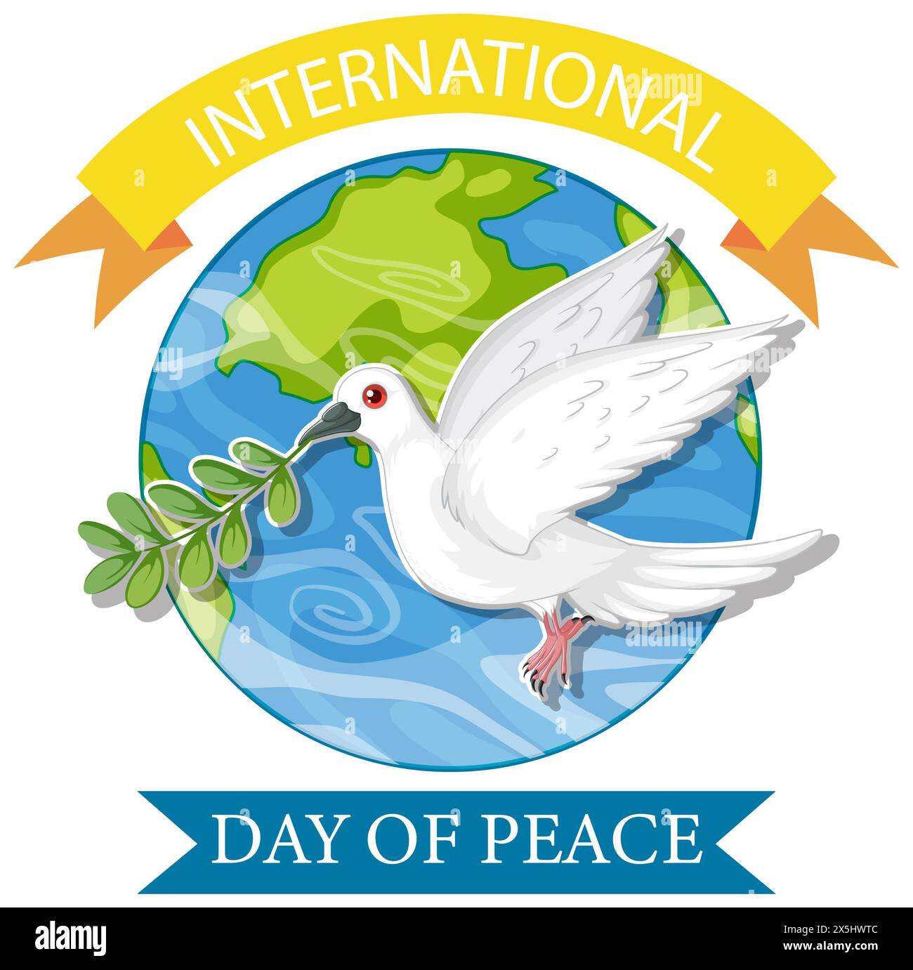 Dove carrying olive branch over world map Stock Photo - Alamy