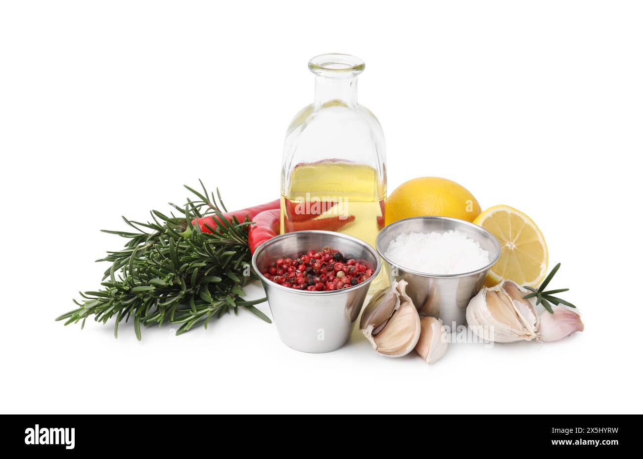 Different fresh ingredients for marinade on white background Stock ...