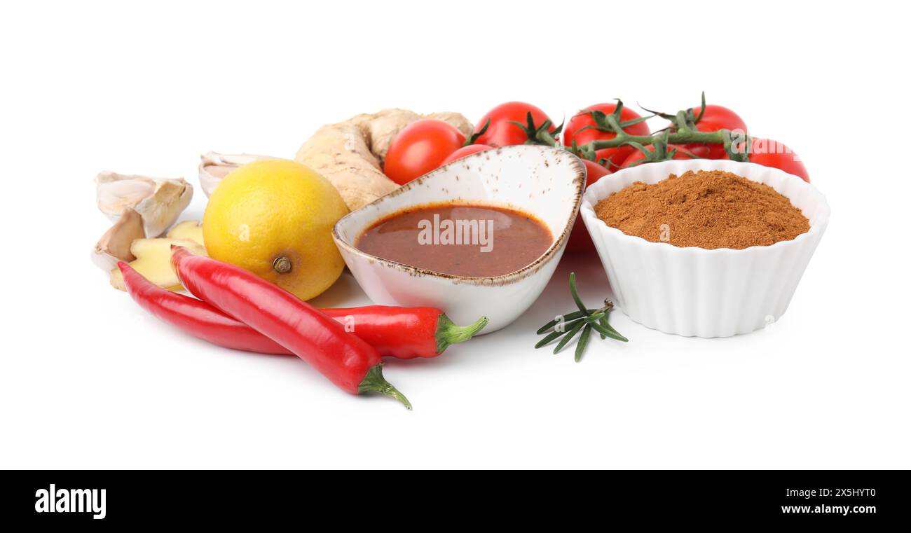 Different fresh ingredients for marinade on white background Stock ...