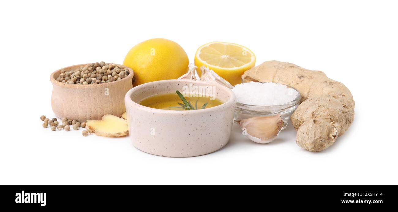 Different fresh ingredients for marinade on white background Stock ...