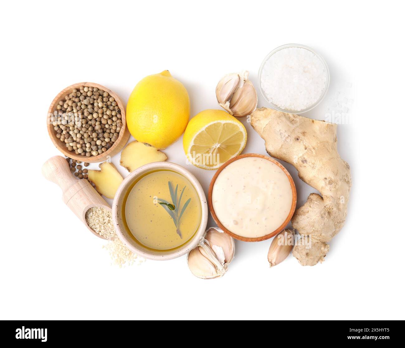 Fresh marinade and different ingredients on white background, top view ...
