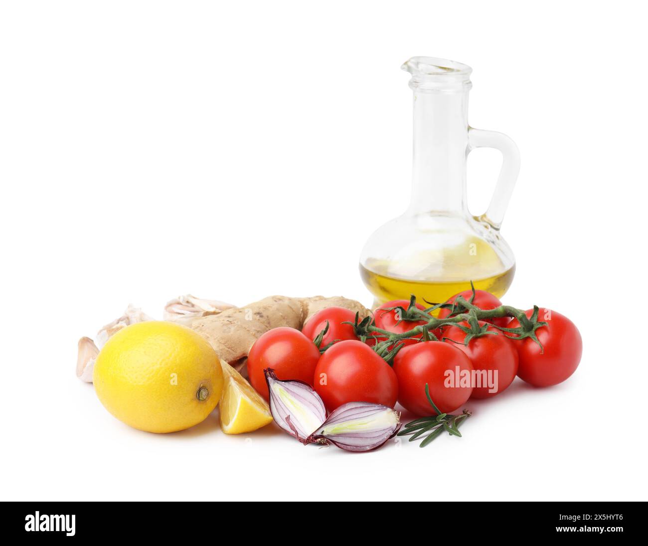 Different fresh ingredients for marinade on white background Stock ...