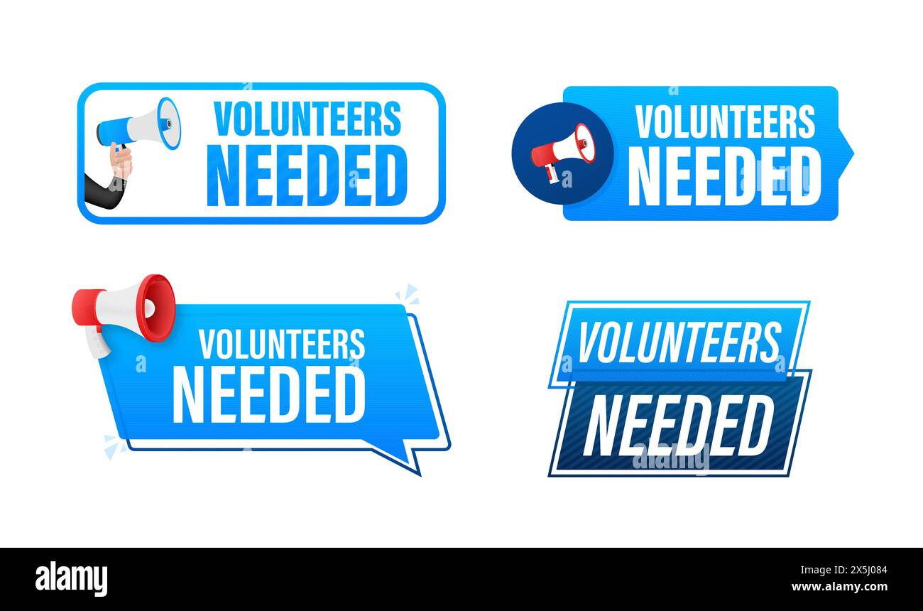 Volunteers needed text with Megaphone label set. Megaphone in hand ...