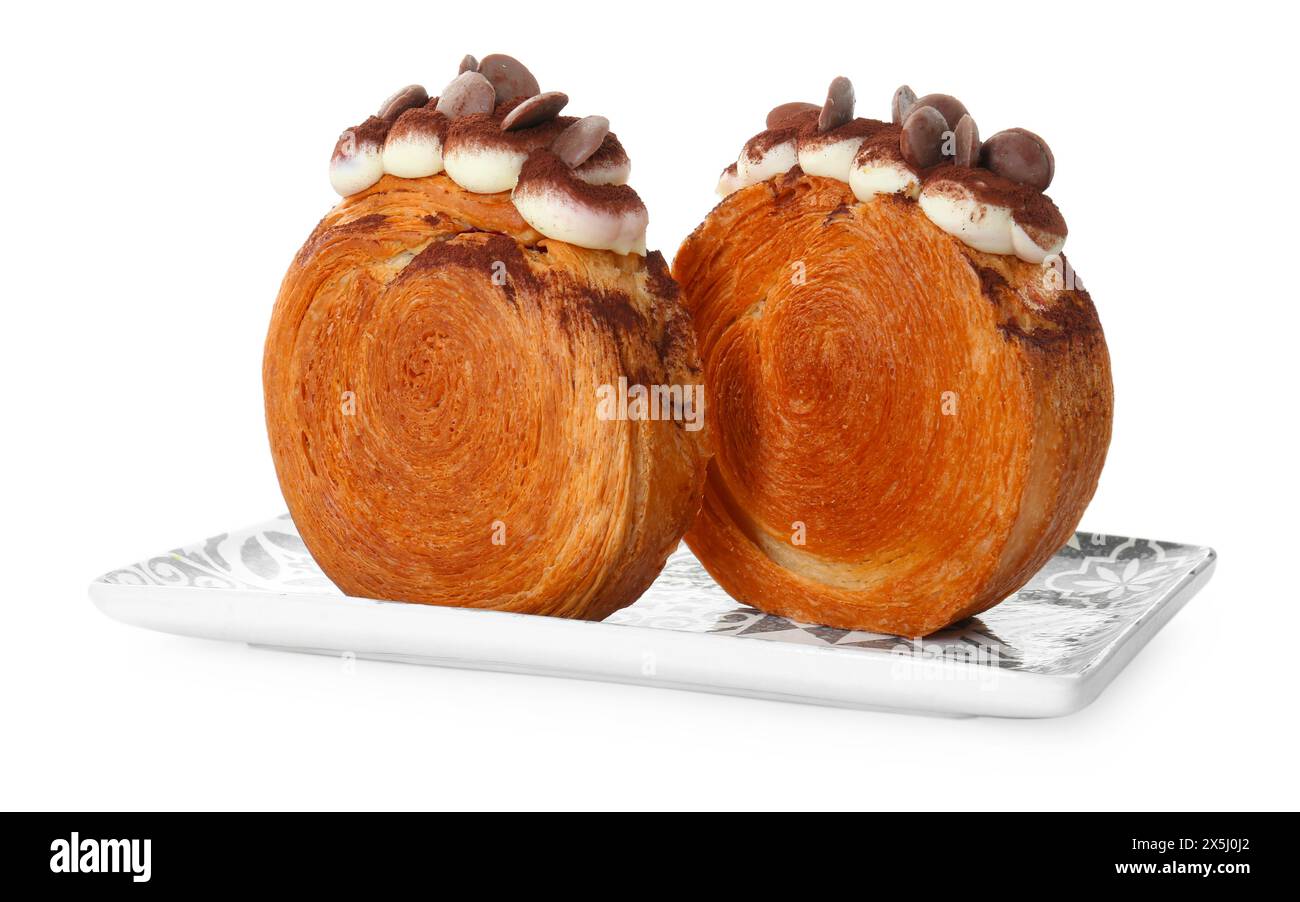 Round croissants with chocolate chips and cream isolated on white ...