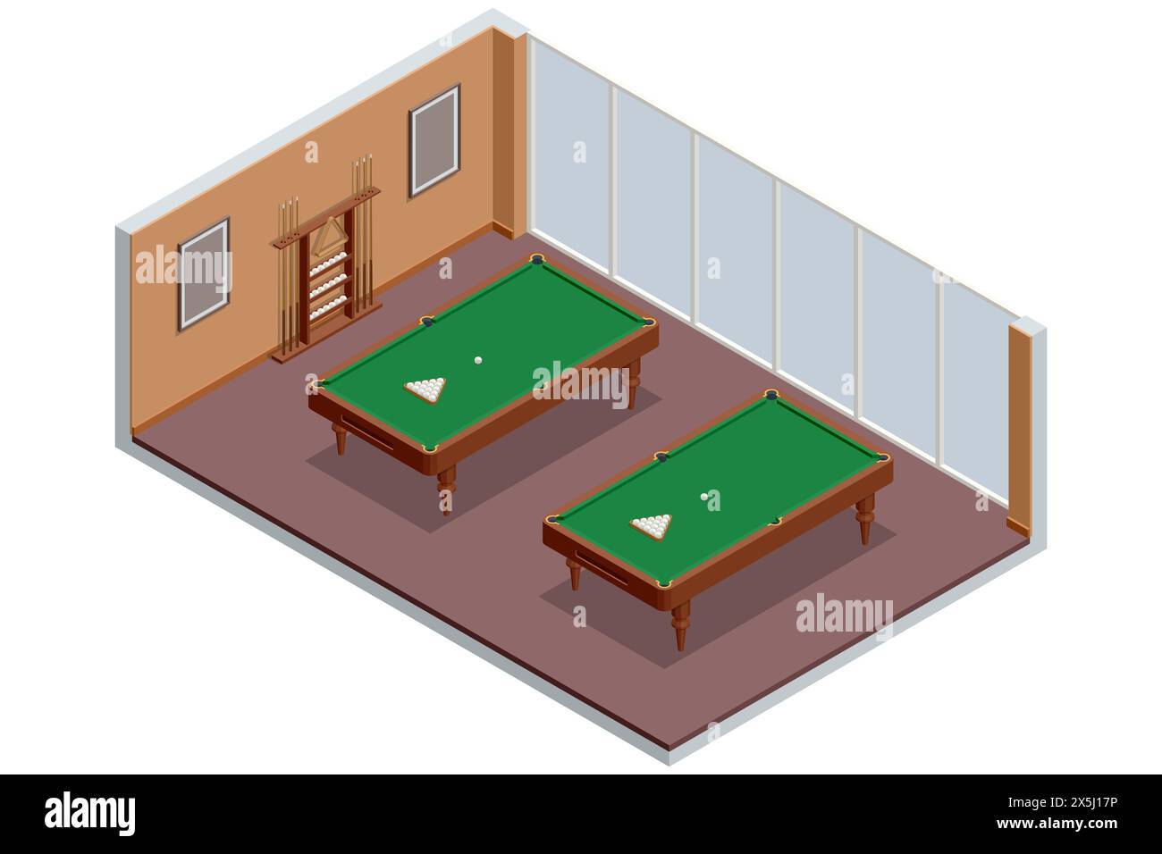 Isometric blue pool in luxury recreation room. Billiard table with ...