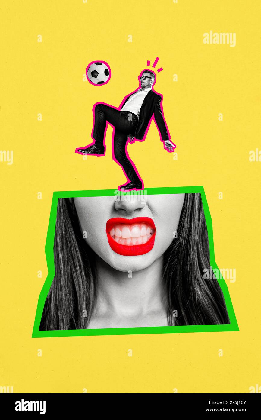 Vertical photo collage of headless girl grin grimace mouth funny ...