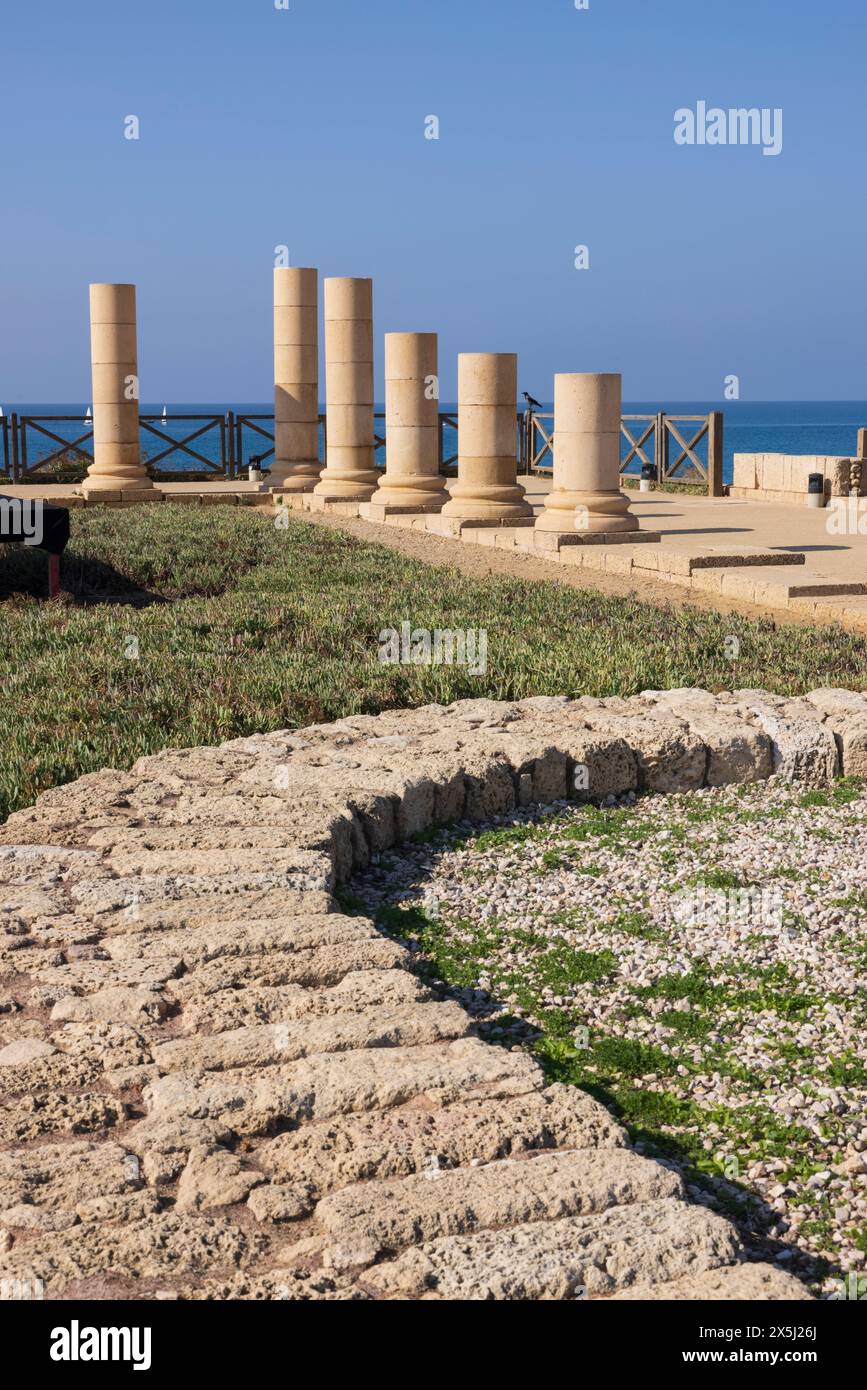 Israel, Caesarea. Roman ruins at Caesarea. Harbor built by Herod Stock ...