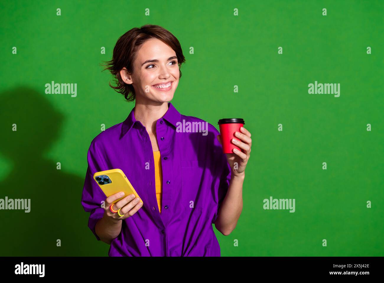Photo of lady in shirt coffee break at office enjoying warm tea surfing ...