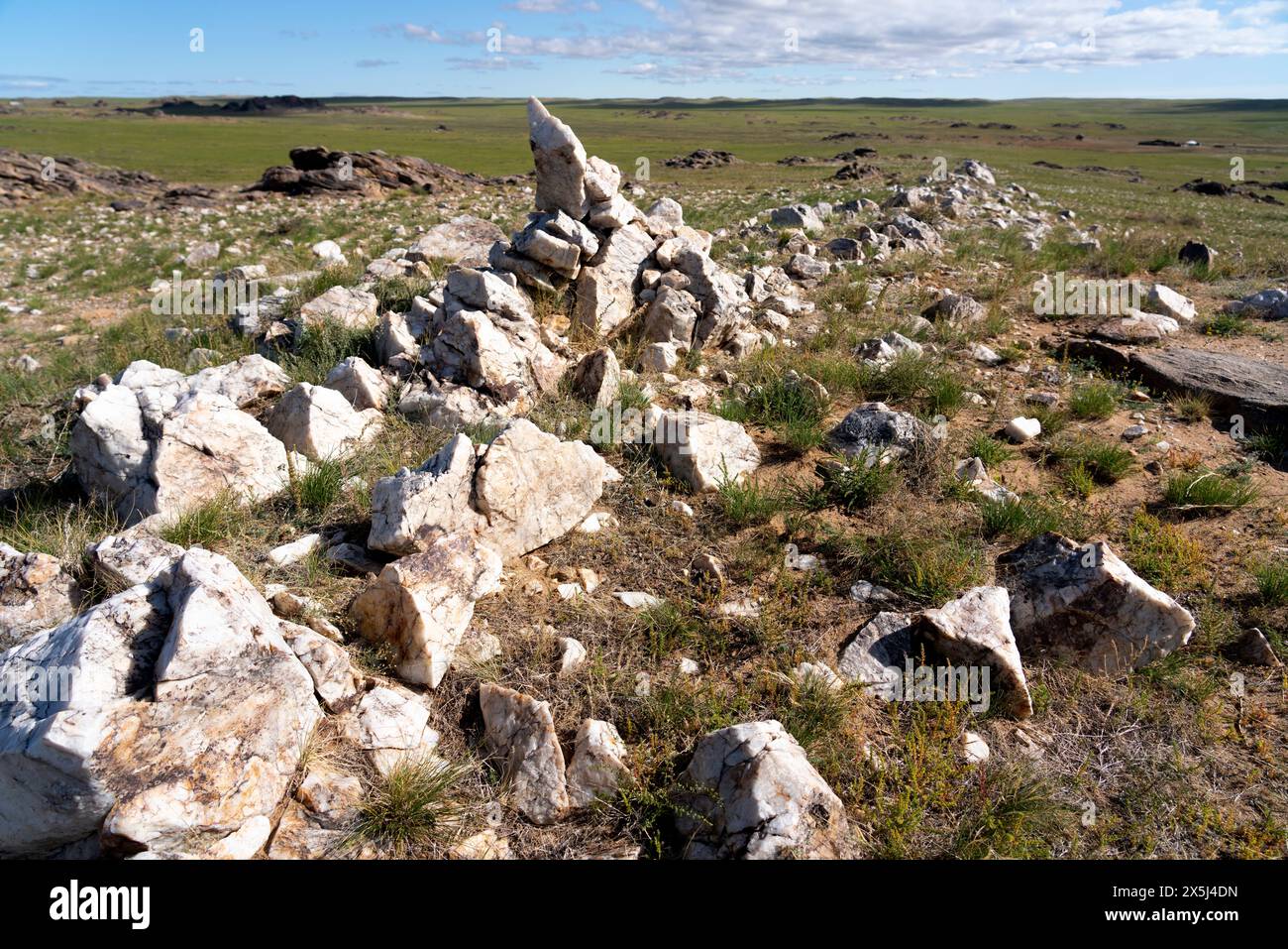 Asia, Mongolia, Eastern Gobi Desert. A limestone extrusion pokes up ...