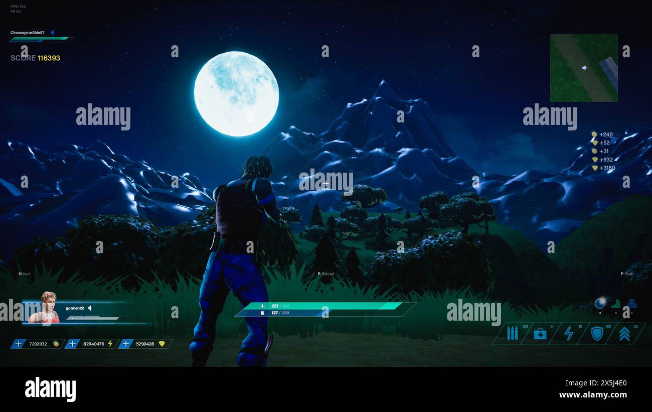 Shot of Night Video Game Mock-up Concept. Gameplay of 3D Third Person ...