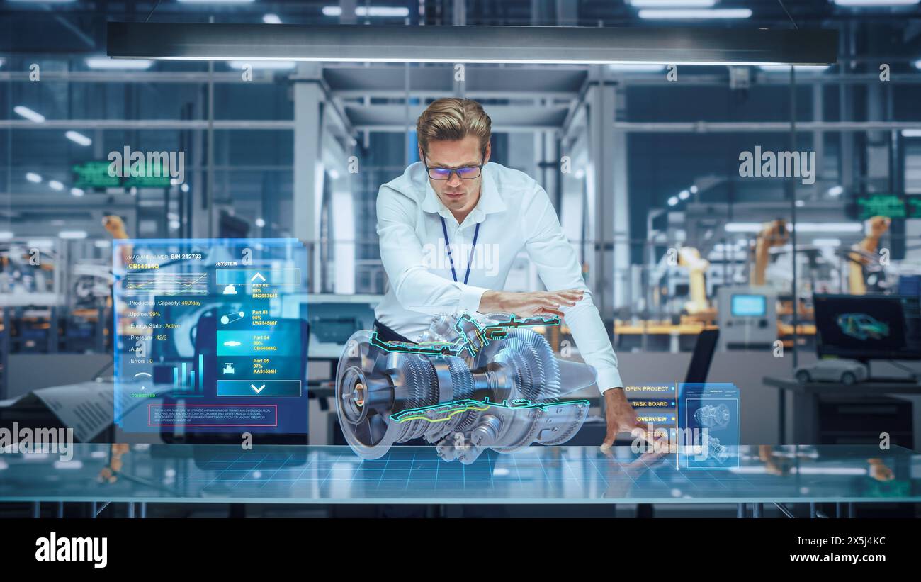 High-Tech Industry: Engineer Designing 3D Engine, Using Augmented Reality Hologram Table to ...