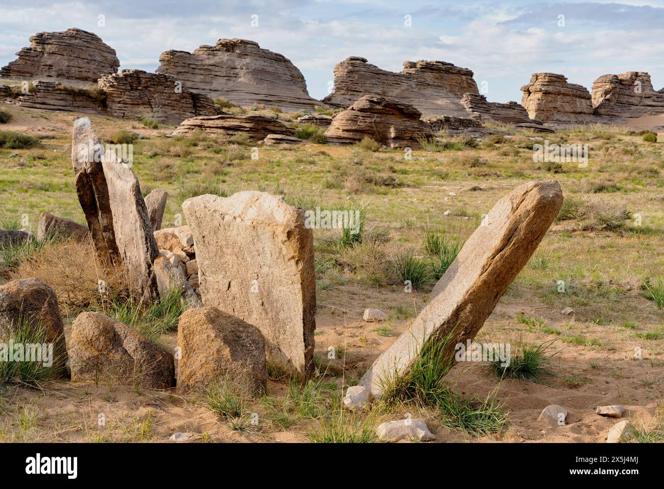 Asia, Mongolia, Eastern Gobi Desert. Old slabs of rock marking ancient ...