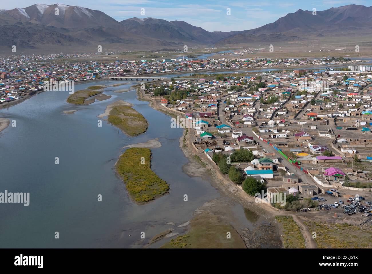 Asia, Mongolia, Bayan-Olgii Province, Olgii, River Khovd. A view of the ...