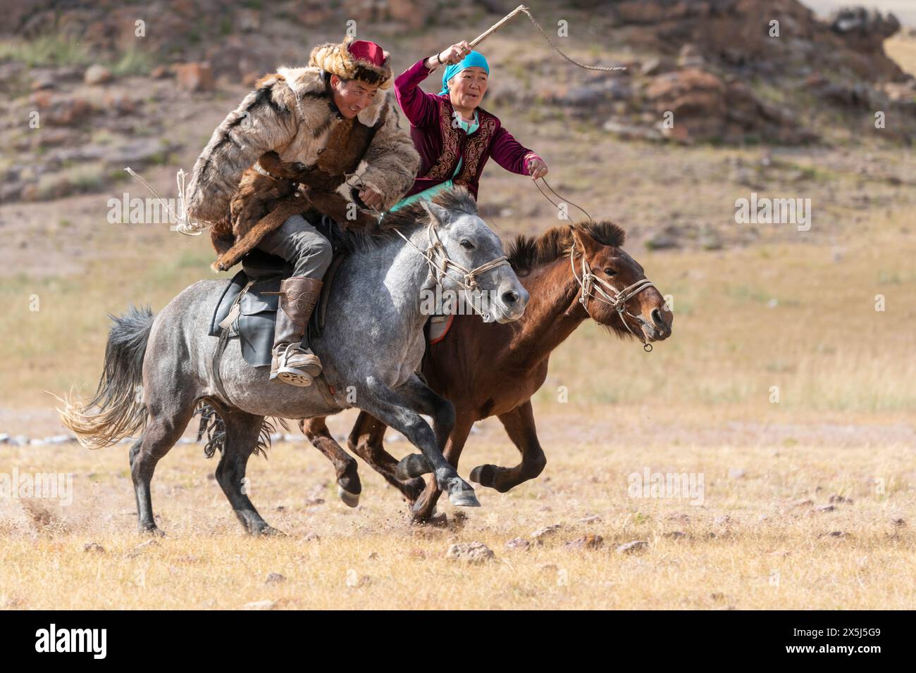Asia, Mongolia, Bayan-Olgii Province. Altai Eagle Festival, horse games ...