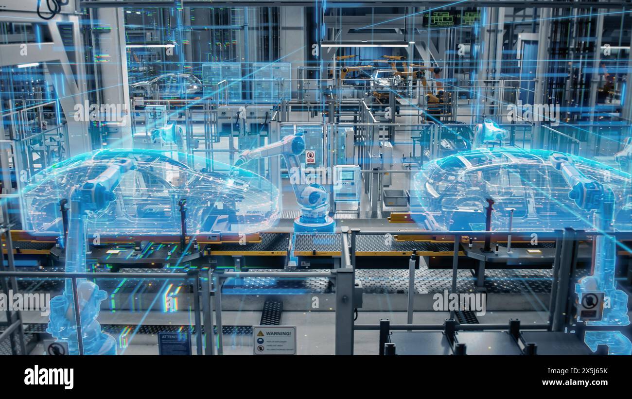 Side-View Car Factory Digitalization: Automated Robot Arm Assembly Line Manufacturing High-Tech ...