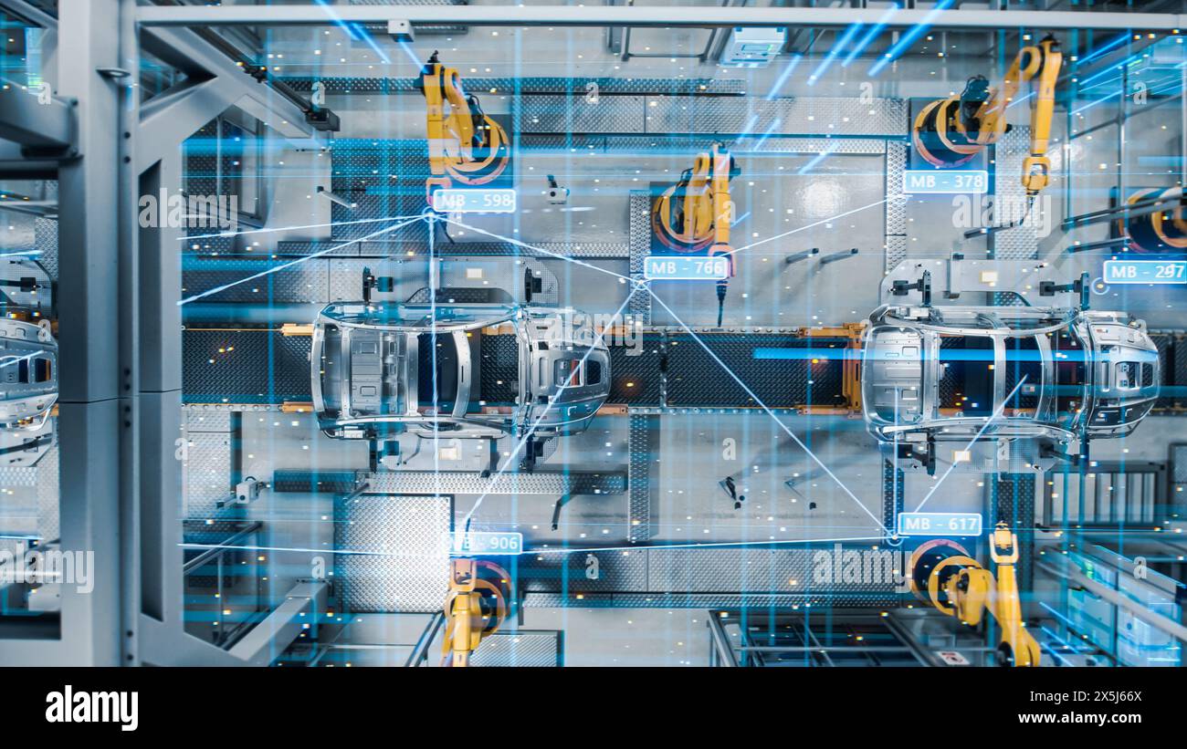 Aerial Car Top View Factory Digitalization Concept: Automated Robot Arm Assembly Line ...