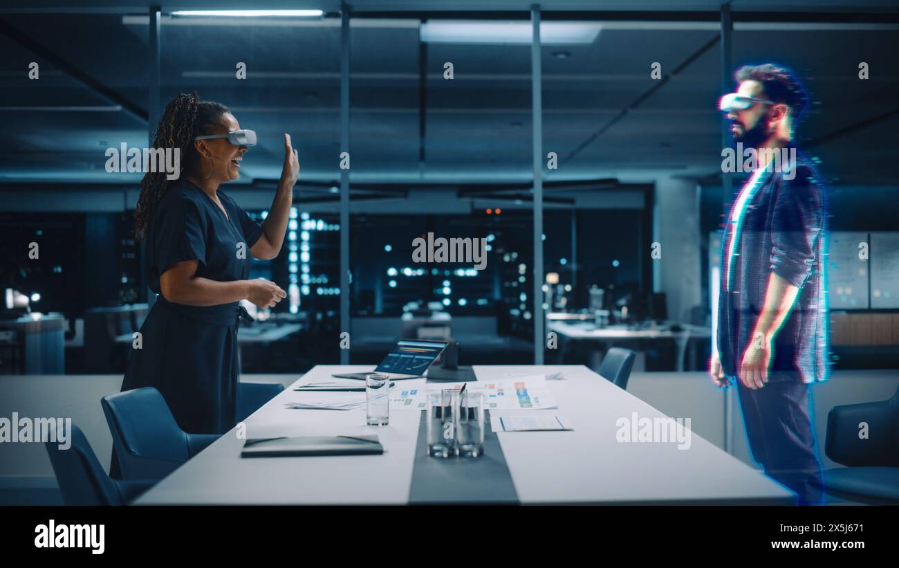 Future Office Online Meeting Video Conference Call: Businesswoman and Businessman Wearing ...