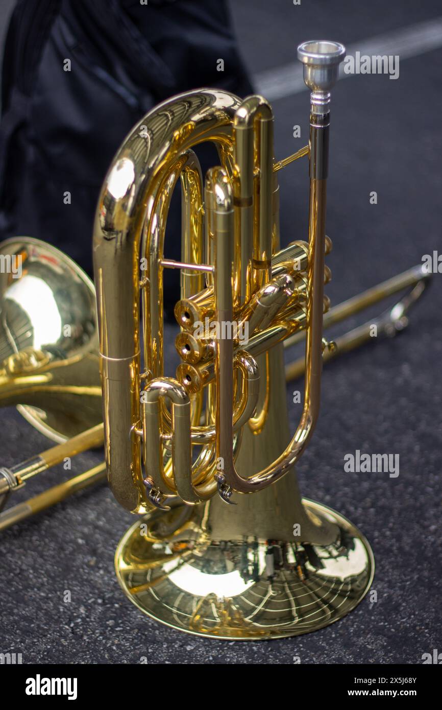 Marching Baritone Shines in Parking Lot During Band Competition Stock ...