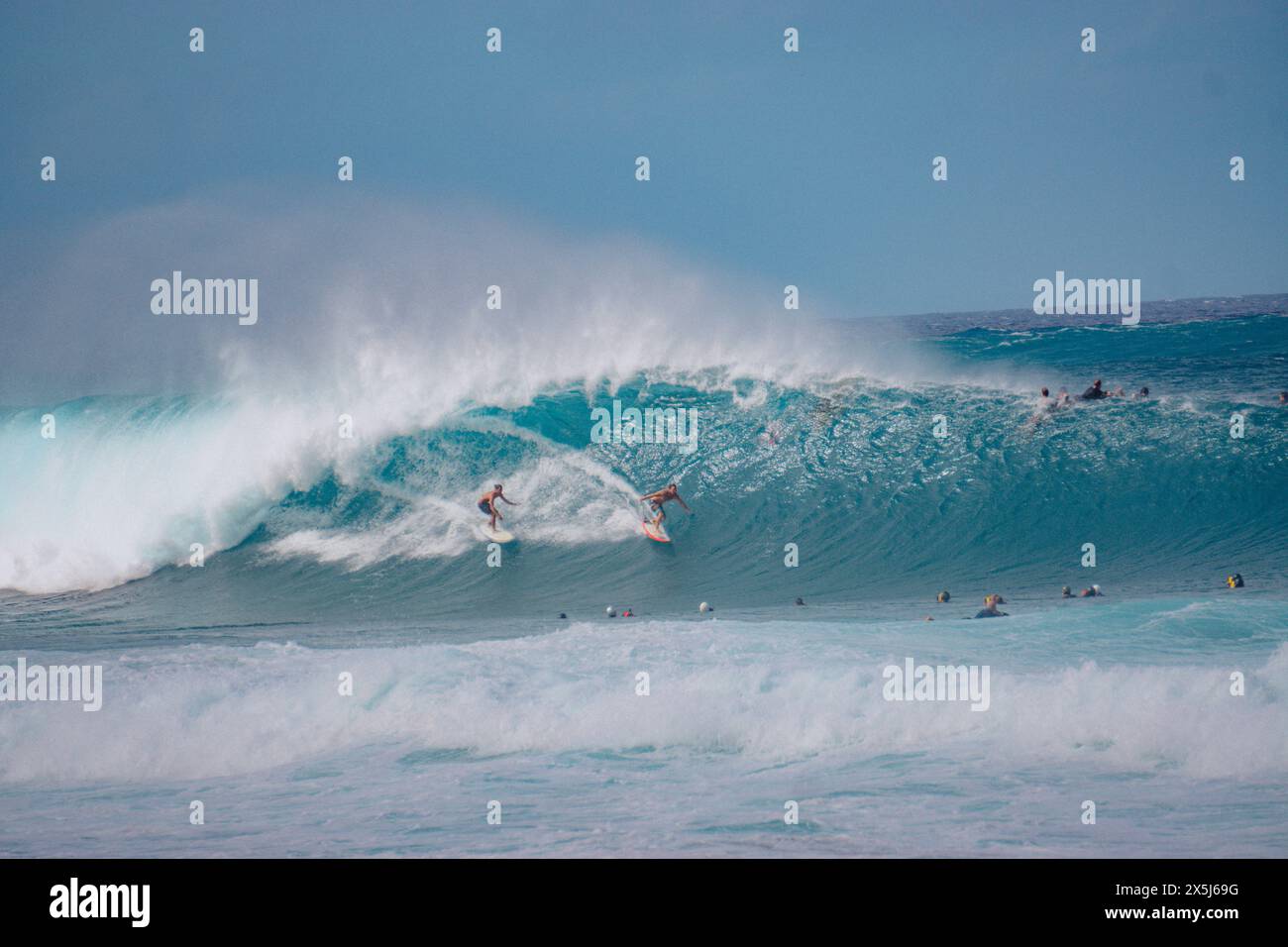 Two surfers on same wave at crowded day at Pipeline Stock Photo - Alamy