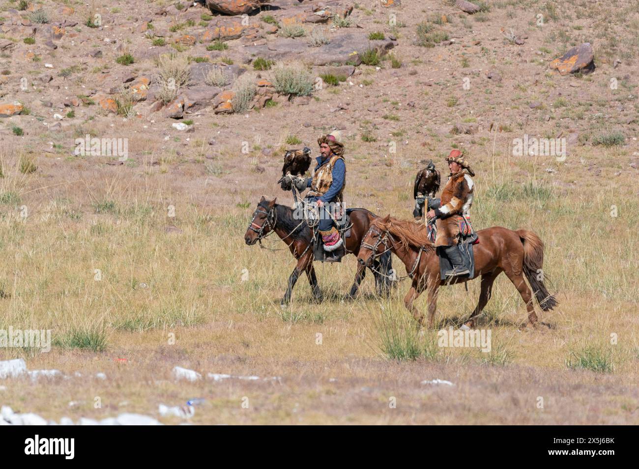 Asia, Mongolia, Bayan-Oglii Province. Altai Eagle Festival, two Kazakh ...
