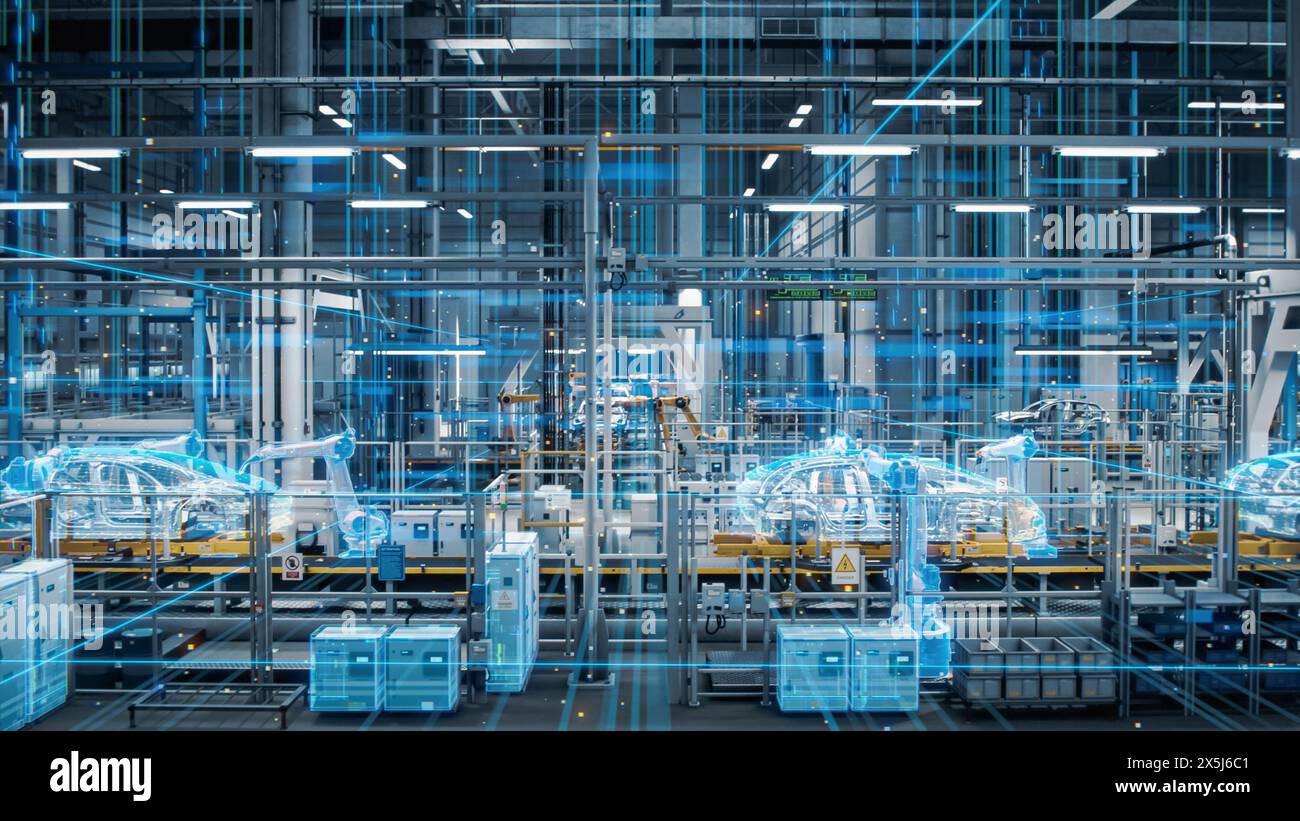 Side-View Car Factory Digitalization: Automated Robot Arm Assembly Line Manufacturing High-Tech ...