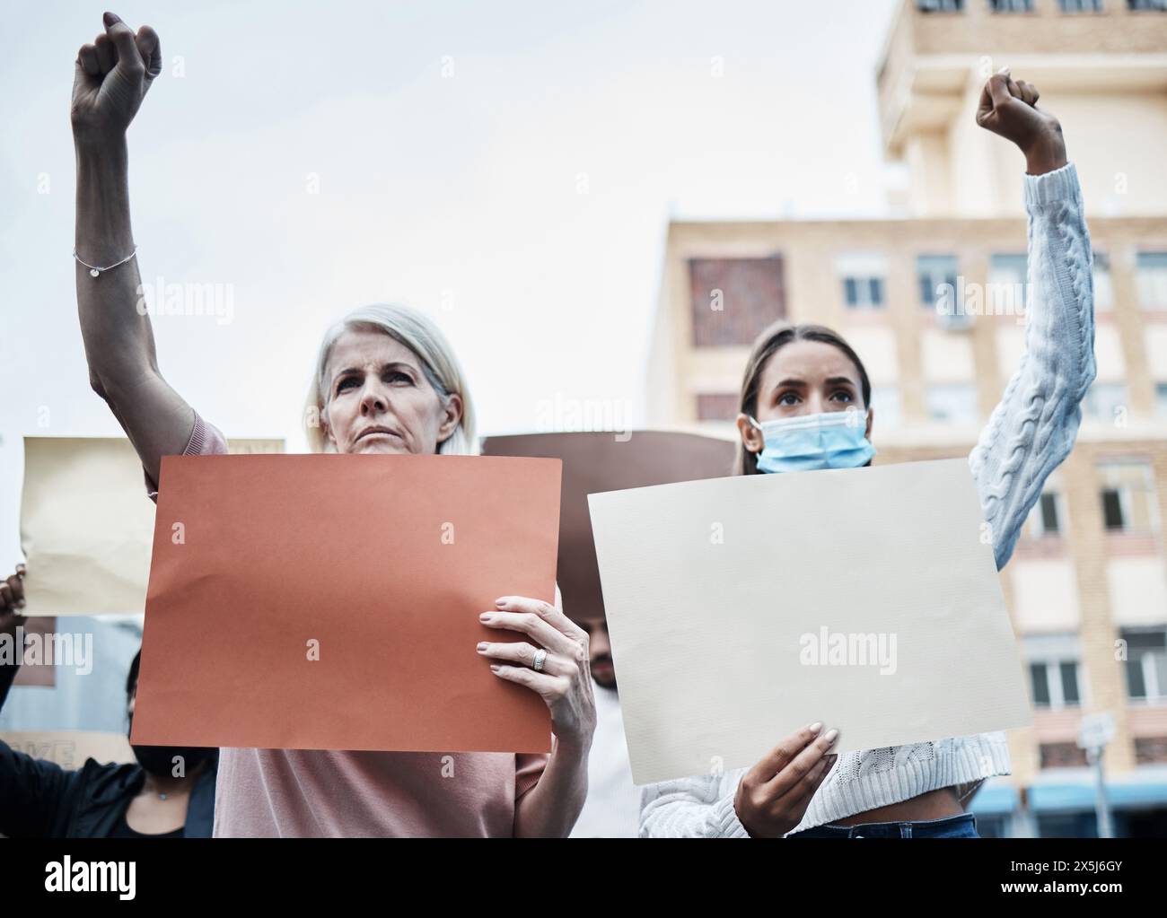 Group, city and blank protest sign for vaccine, change and community ...
