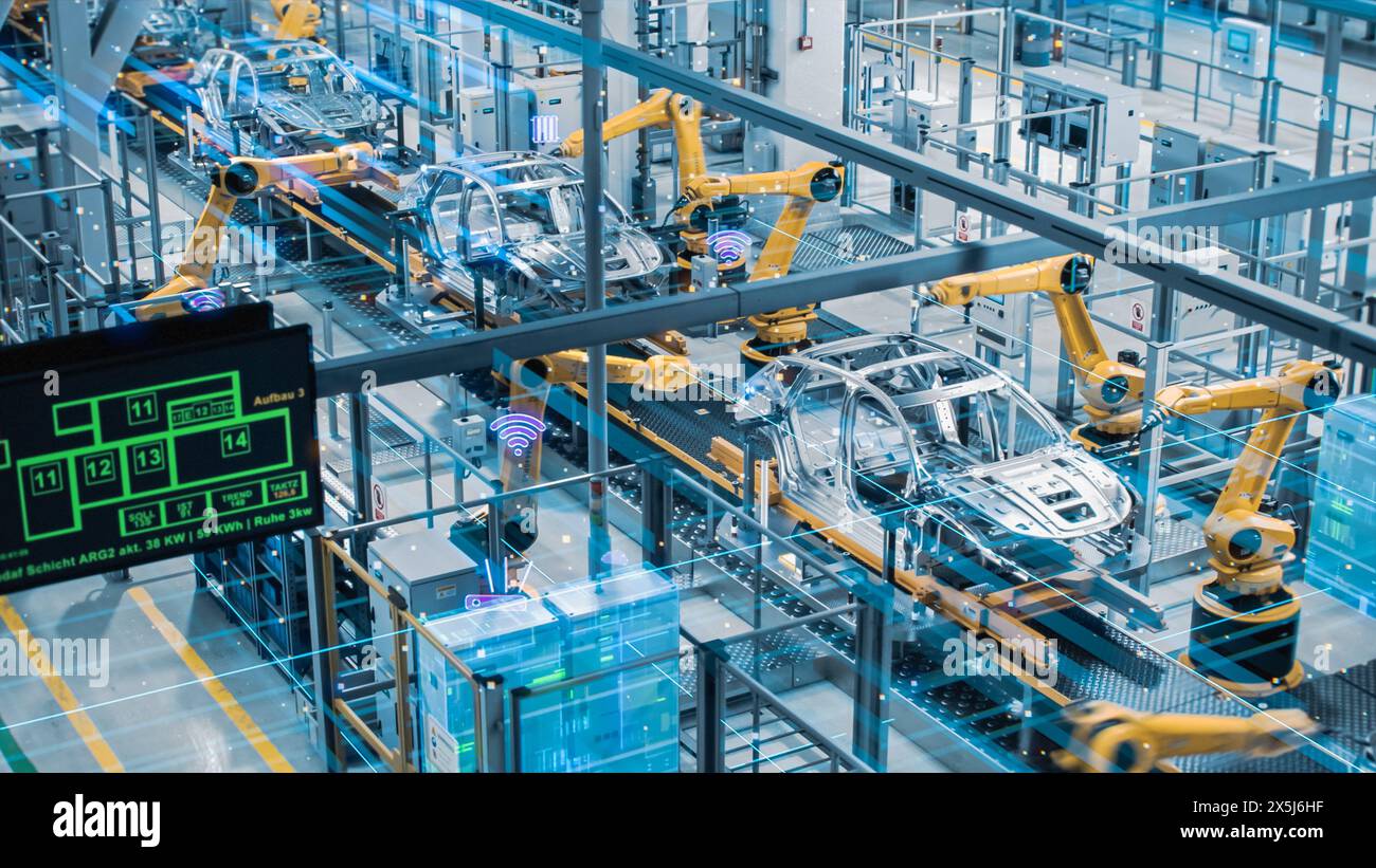 Car Factory Digitalization Industry 4.0 5G IOT Concept: Automated Robot Arm Assembly Line ...
