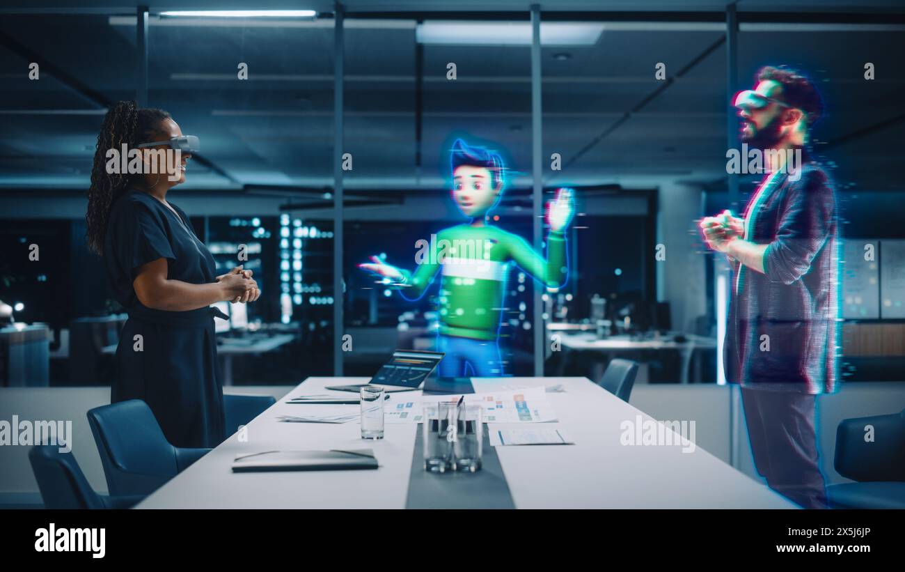 Future Office Online Meeting Video Conference Call: Businesswoman and Businessman Wearing ...