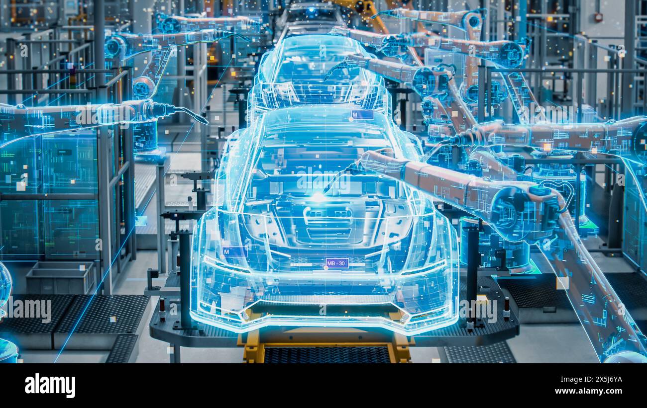 Front View Car Factory Digitalization: Automated Robot Arm Assembly Line Manufacturing High-Tech ...