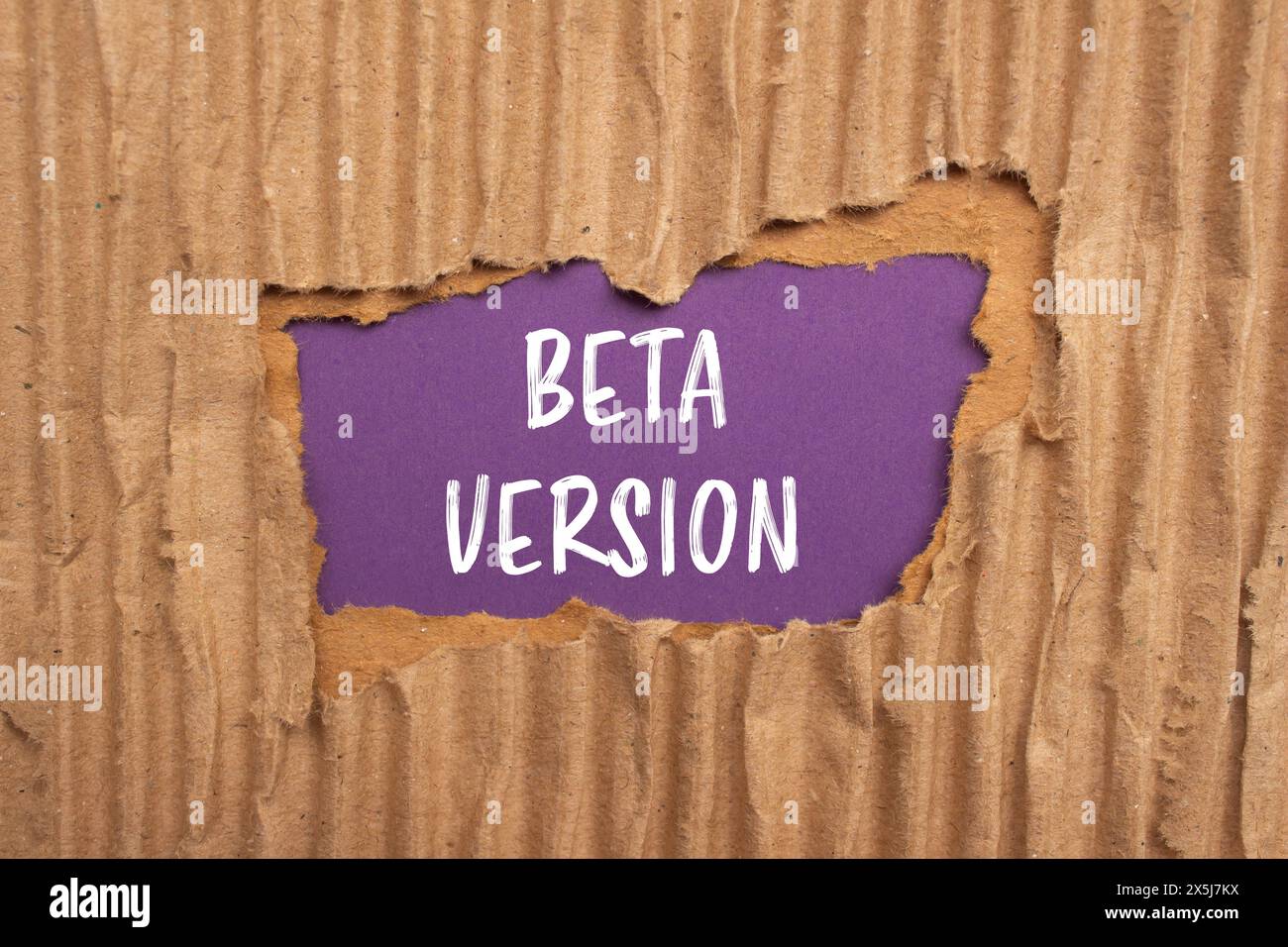 Beta version words written on ripped cardboard paper with purple ...