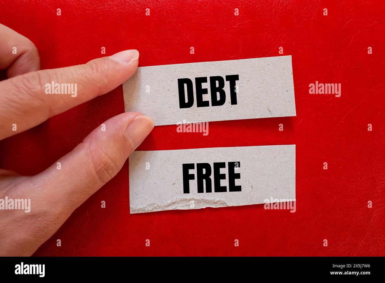 Debt free words written on paper pieces with red background. Conceptual ...